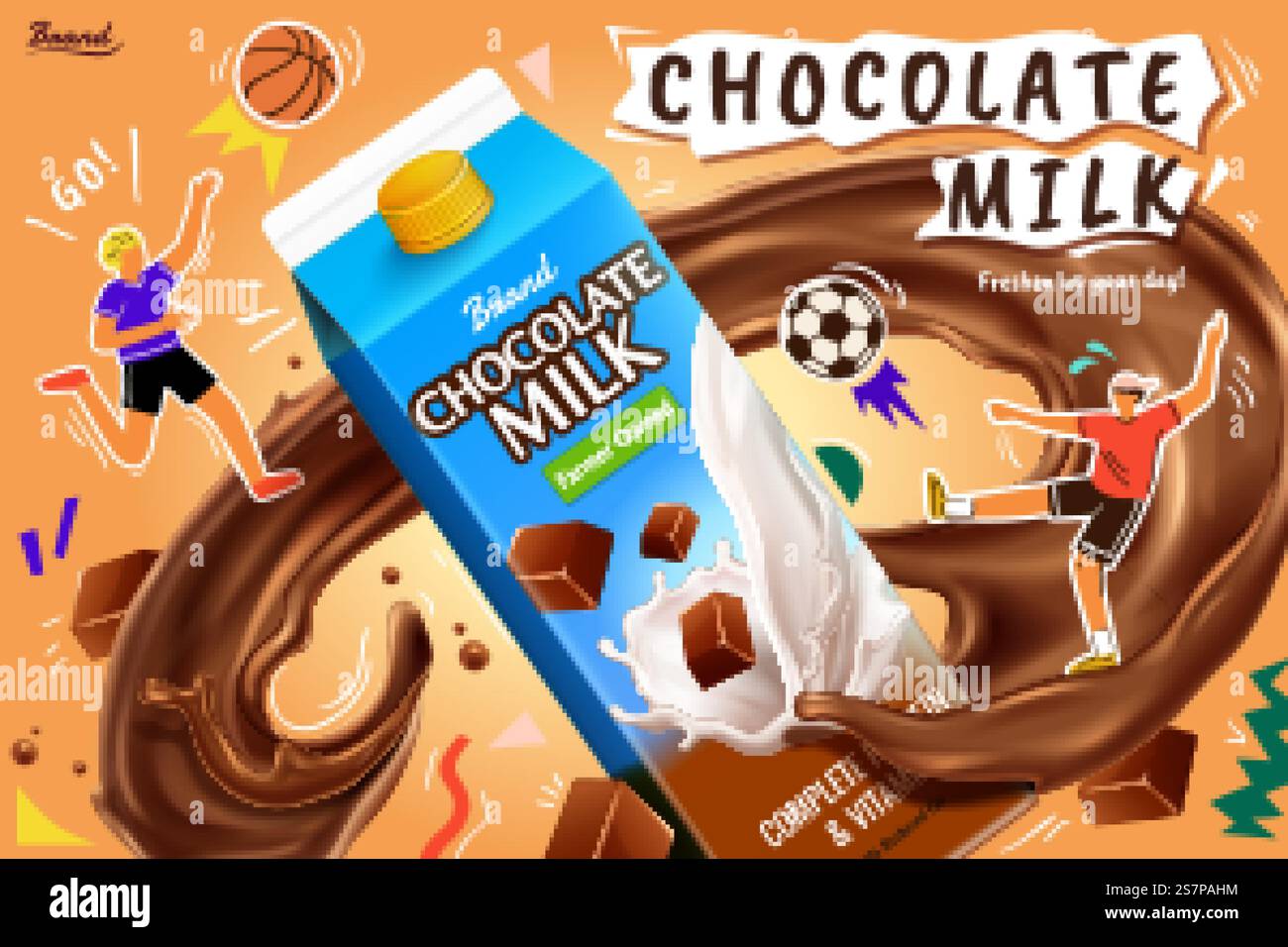 Chocolate milk pack with realistic brown splashing and flat athlete ...