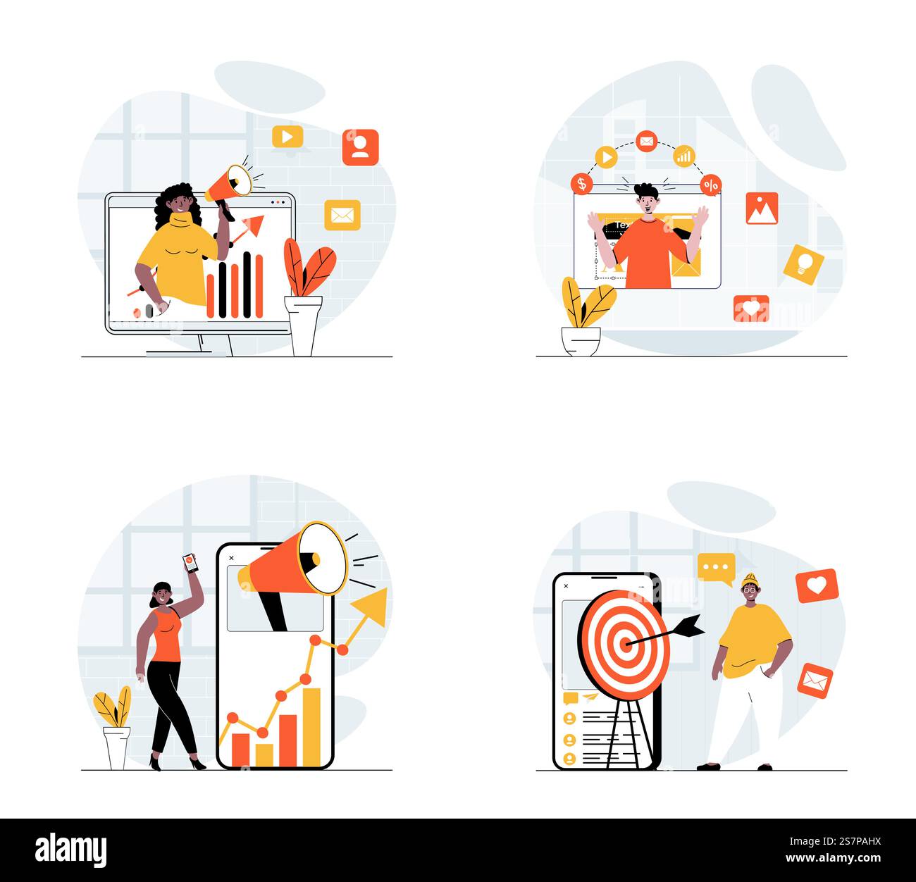 Digital marketing concept with character set. Collection of scenes people create viral and ...