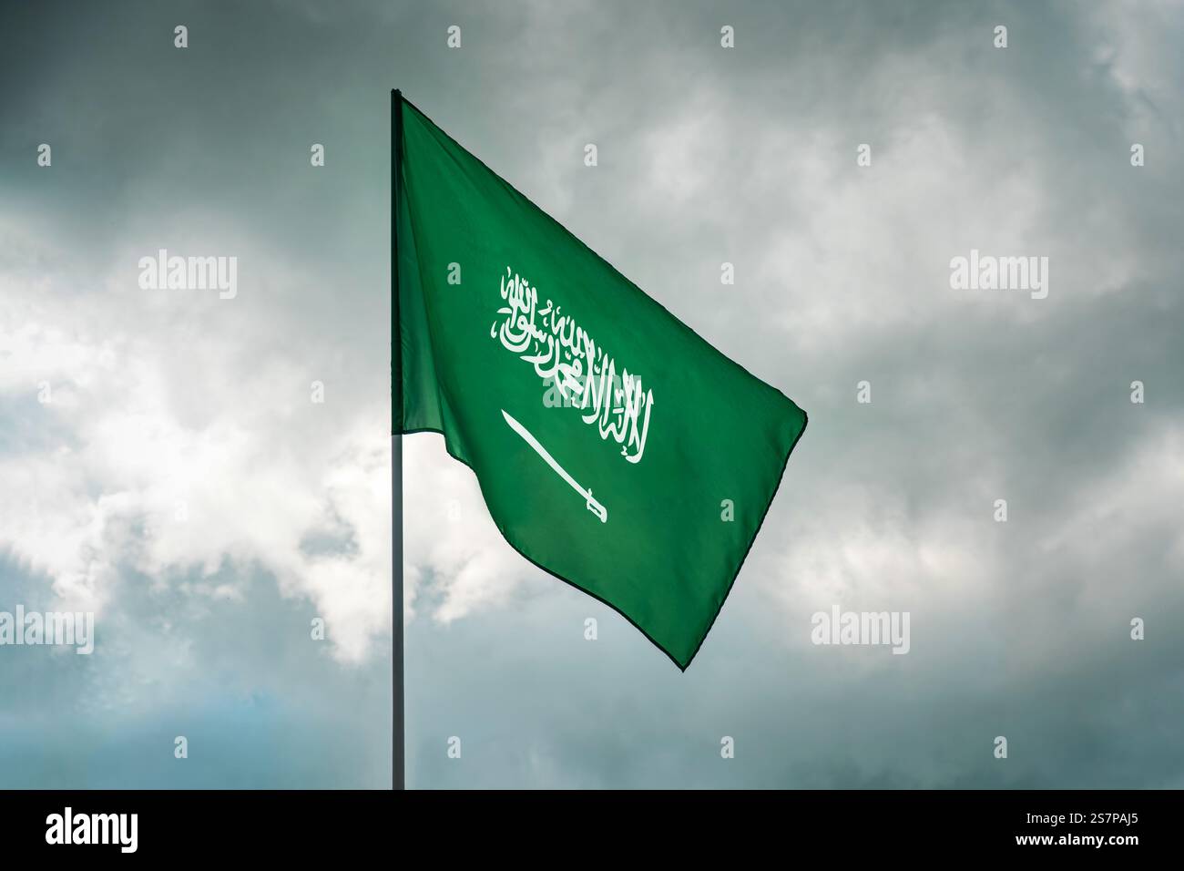 Saudi Arabian flag waving in cloudy sky. fly in the sky. Saudi Arabian ...