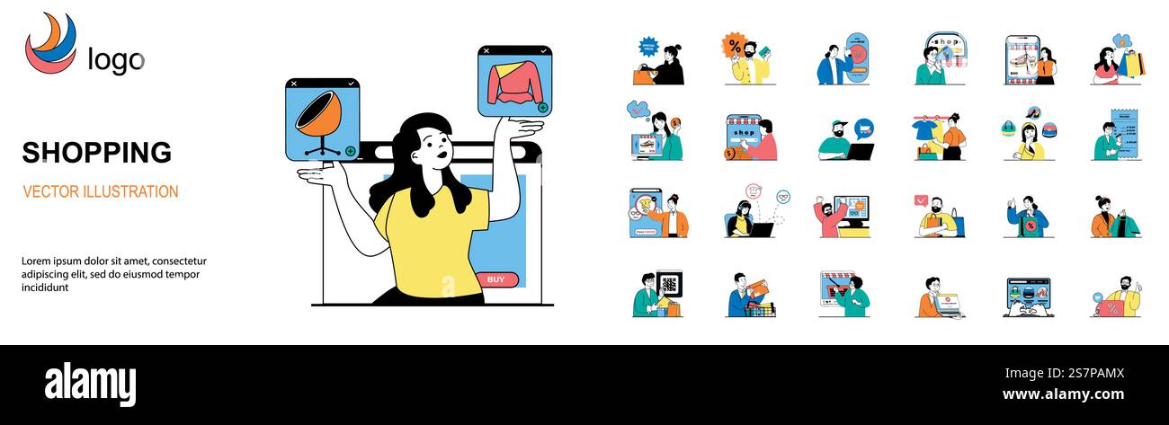 Shopping concept with character situations mega set. Bundle of scenes ...