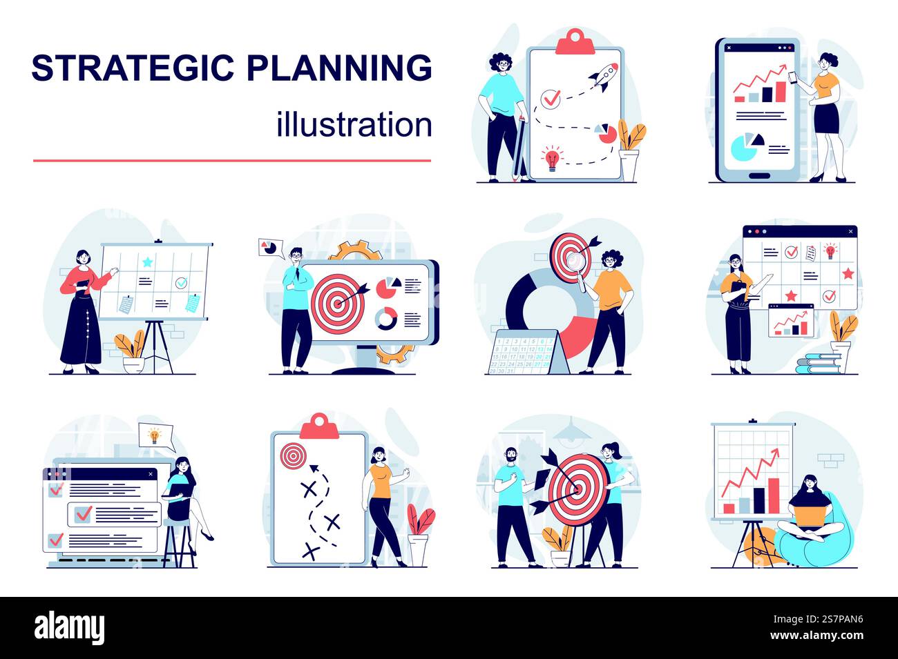 Strategic planning concept with character situations mega set. Bundle of scenes people analyze ...
