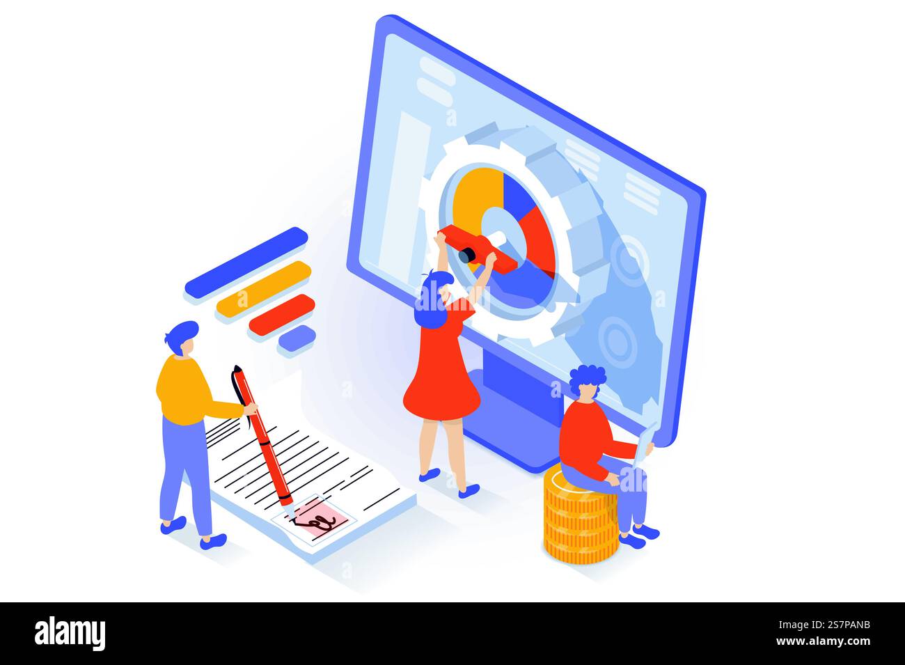 Business and marketing concept in 3d isometric design. People working in team, developing ...