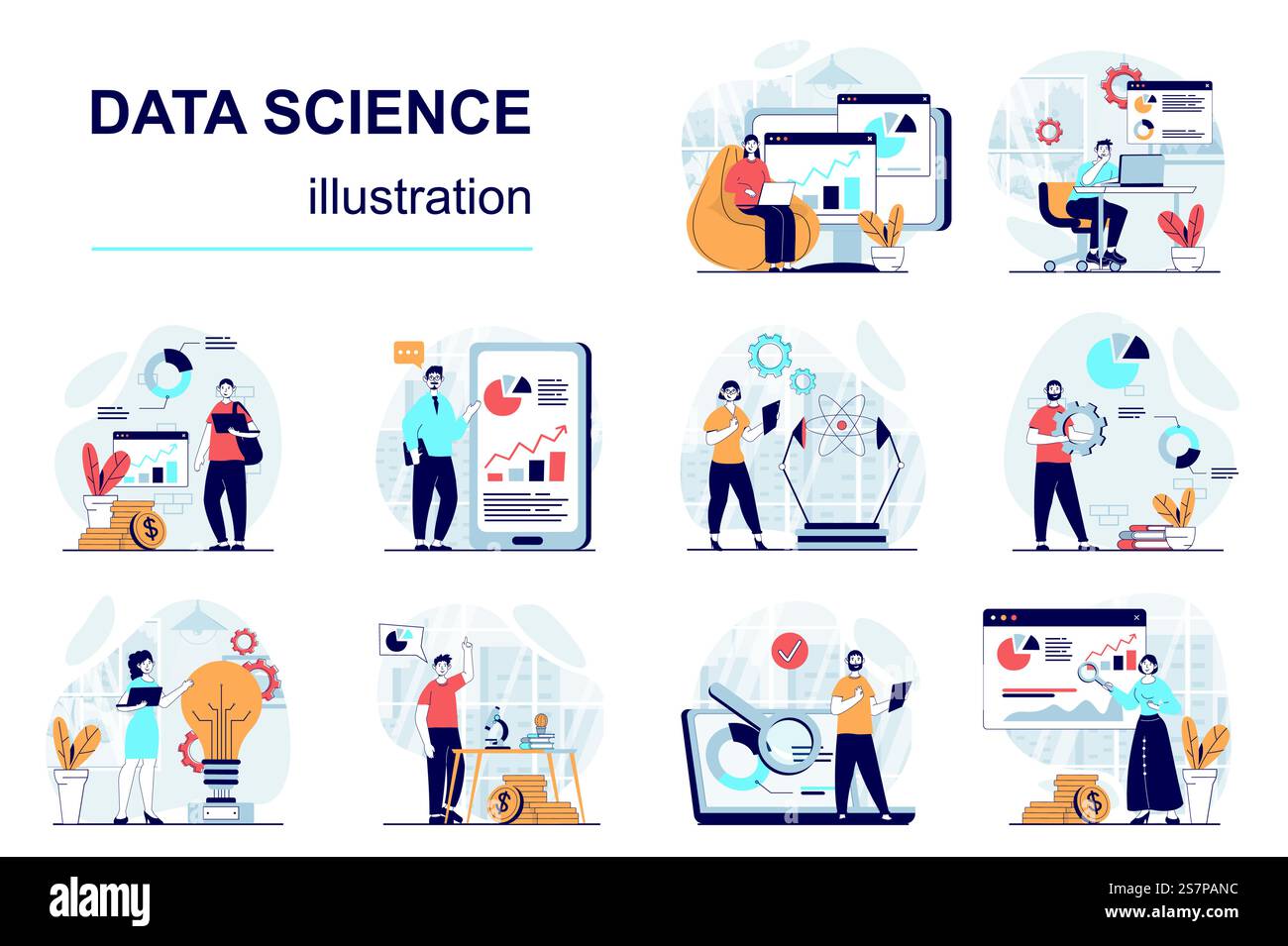 Data science concept with character situations mega set. Bundle of ...