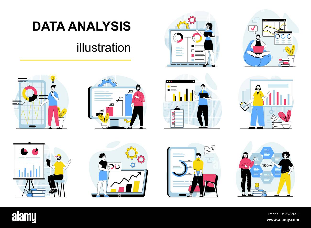 Data analysis concept with character situations mega set. Bundle of ...