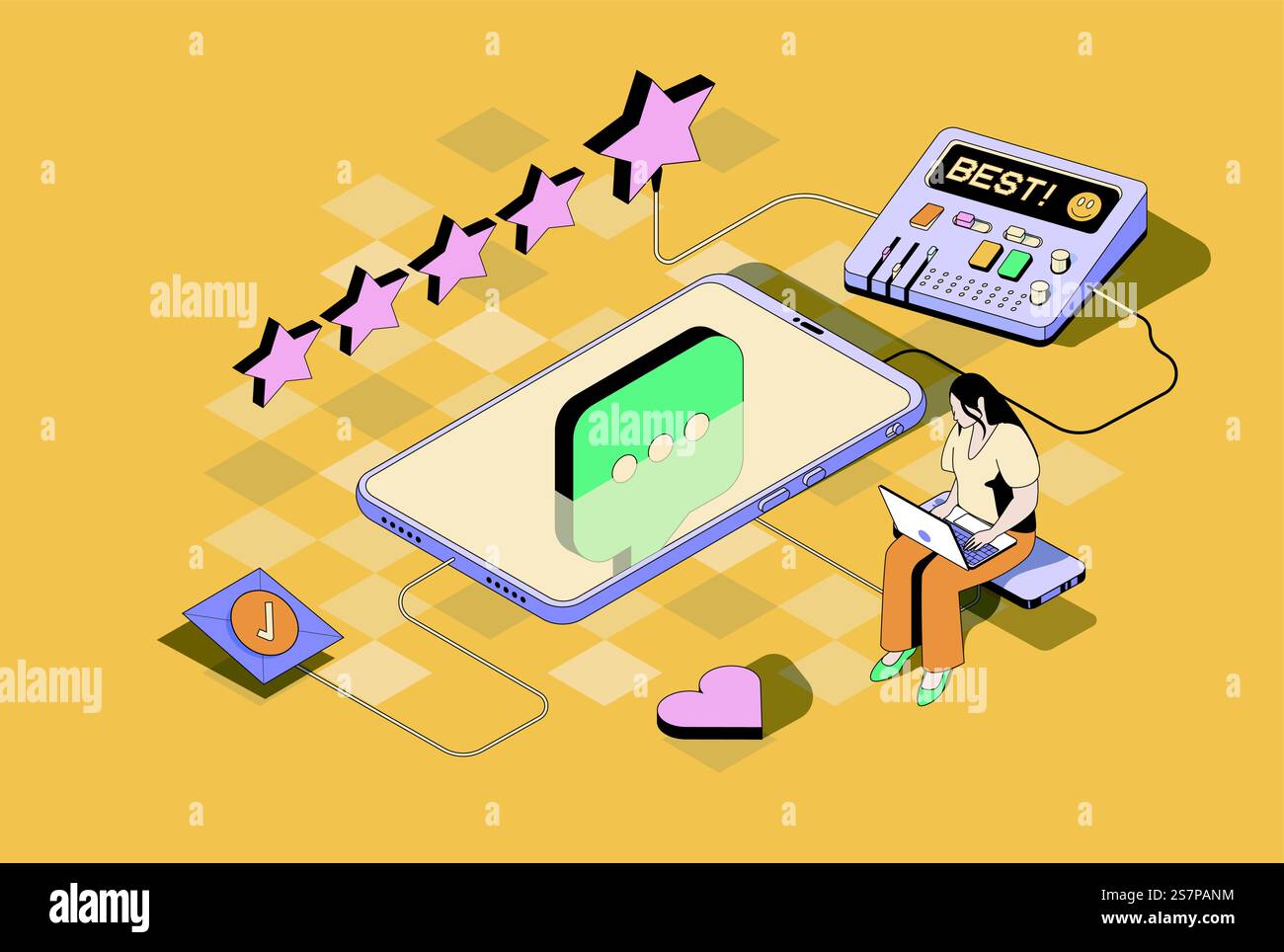 Best feedback concept in 3d isometric design. Woman customer leaving ...