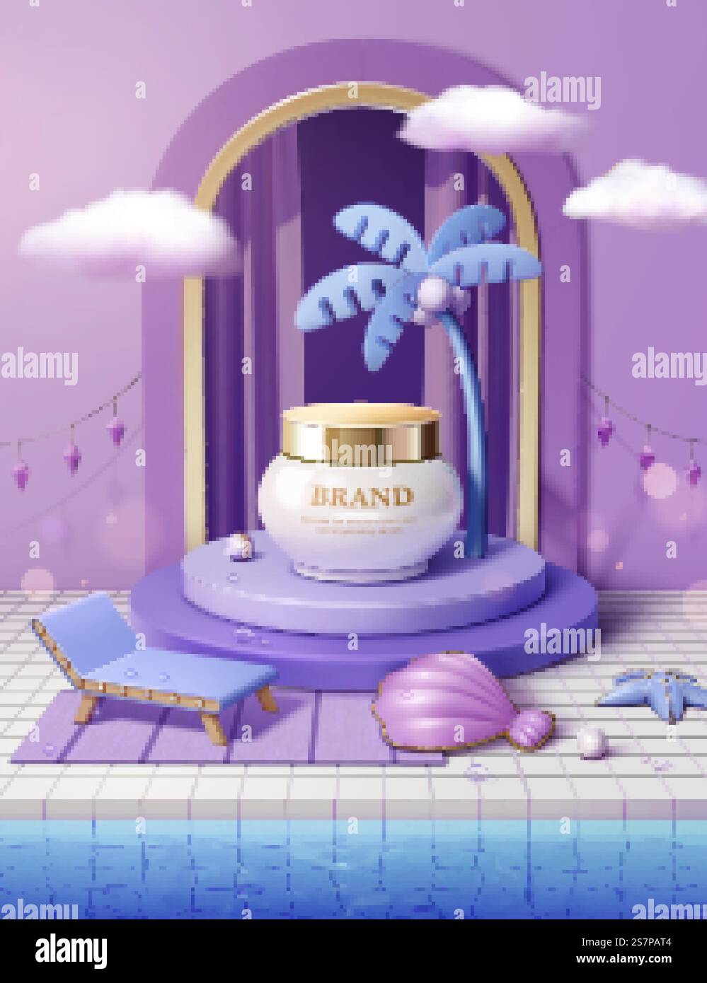 Luxurious vacation style cosmetic ad template. 3d illustrated hydrating ...