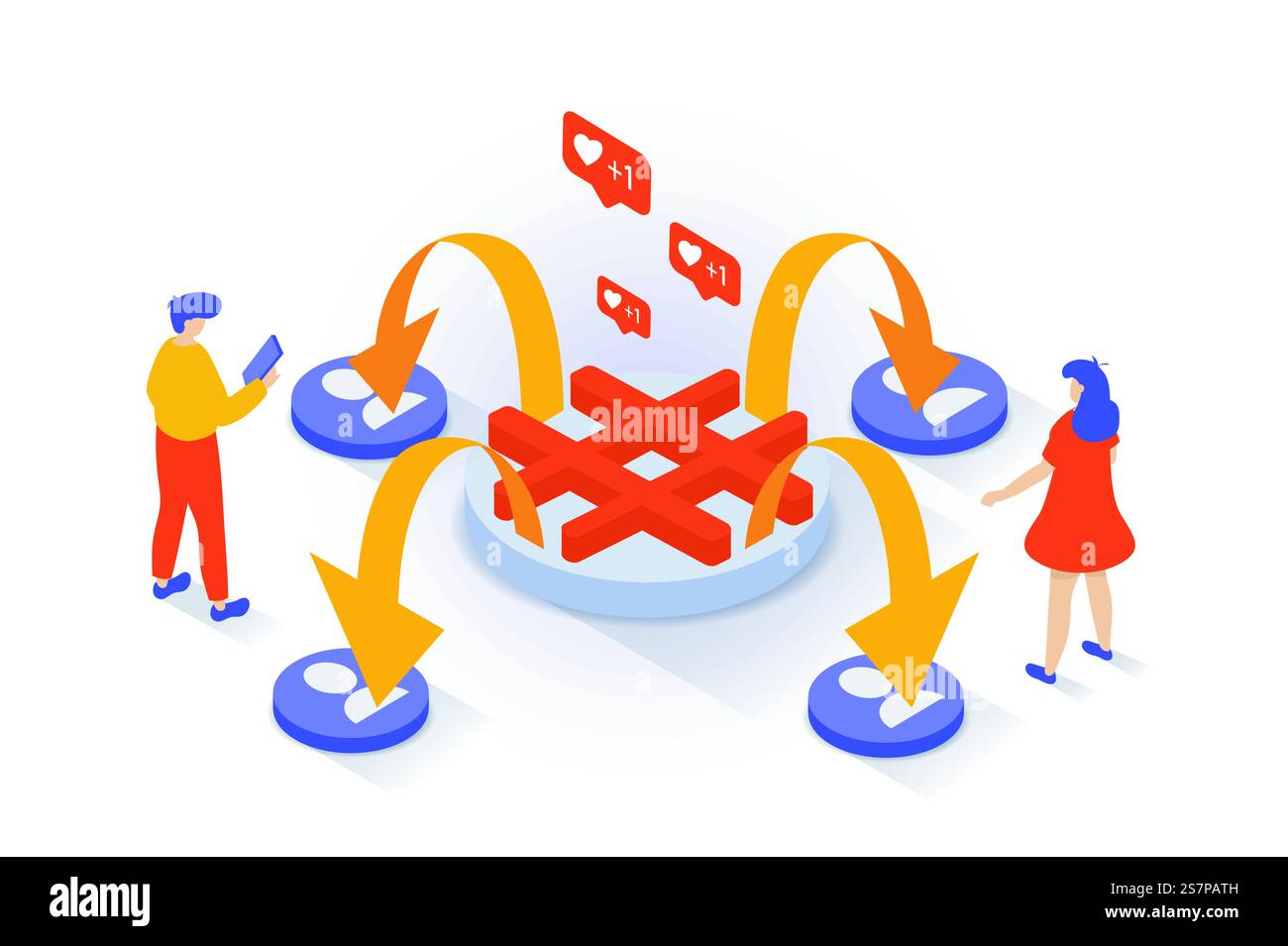 Social media concept in 3d isometric design. People finding ew post ...