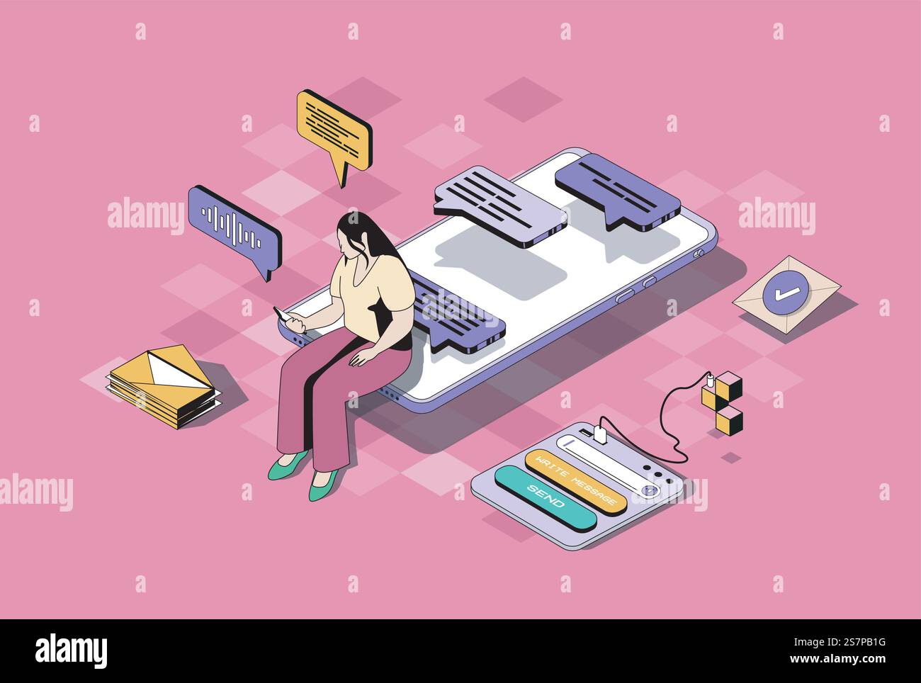 Messaging services concept in 3d isometric design. Woman using mobile ...