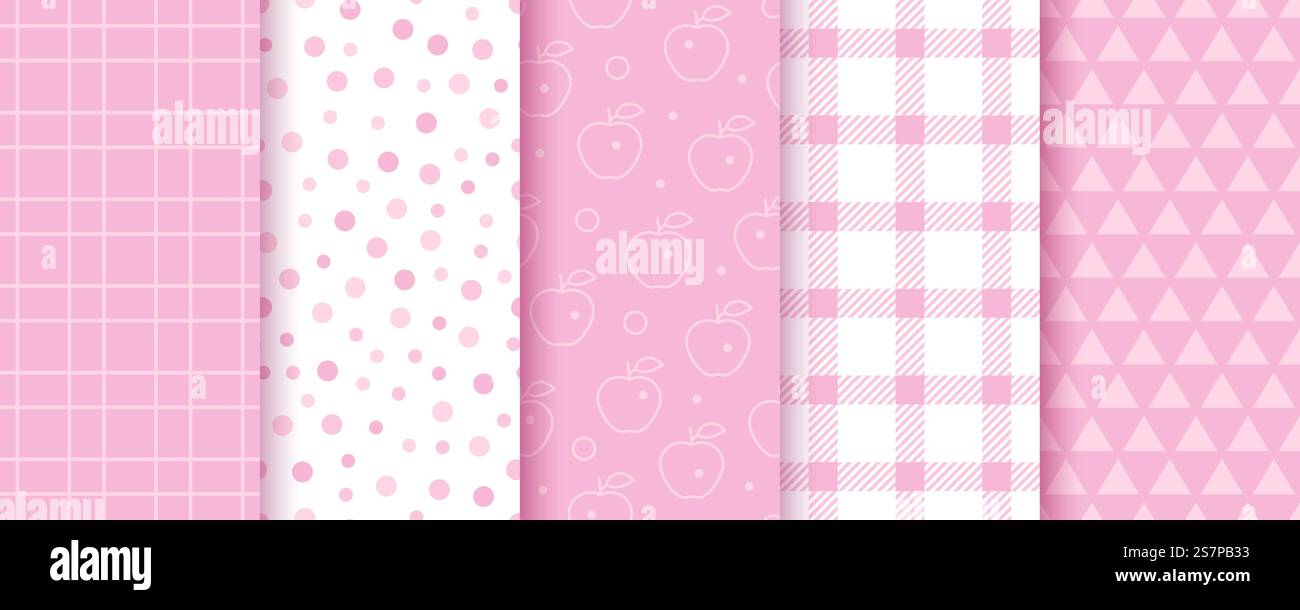 Scrapbook backgrounds. Seamless pattern. Set pink cute prints. Textures with polka dot, apples ...