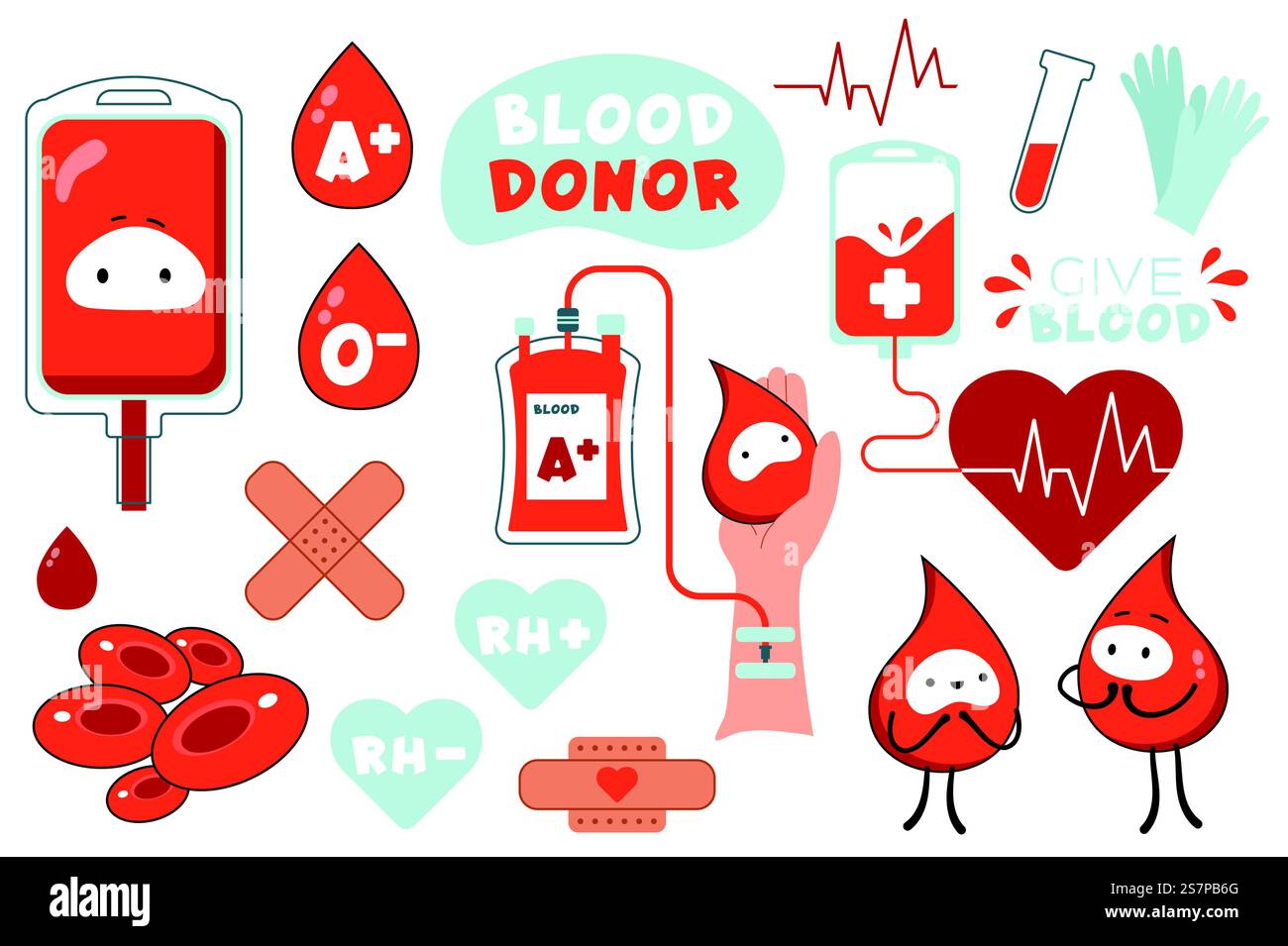 Blood donor mega set in graphic flat design. Bundle elements of red ...