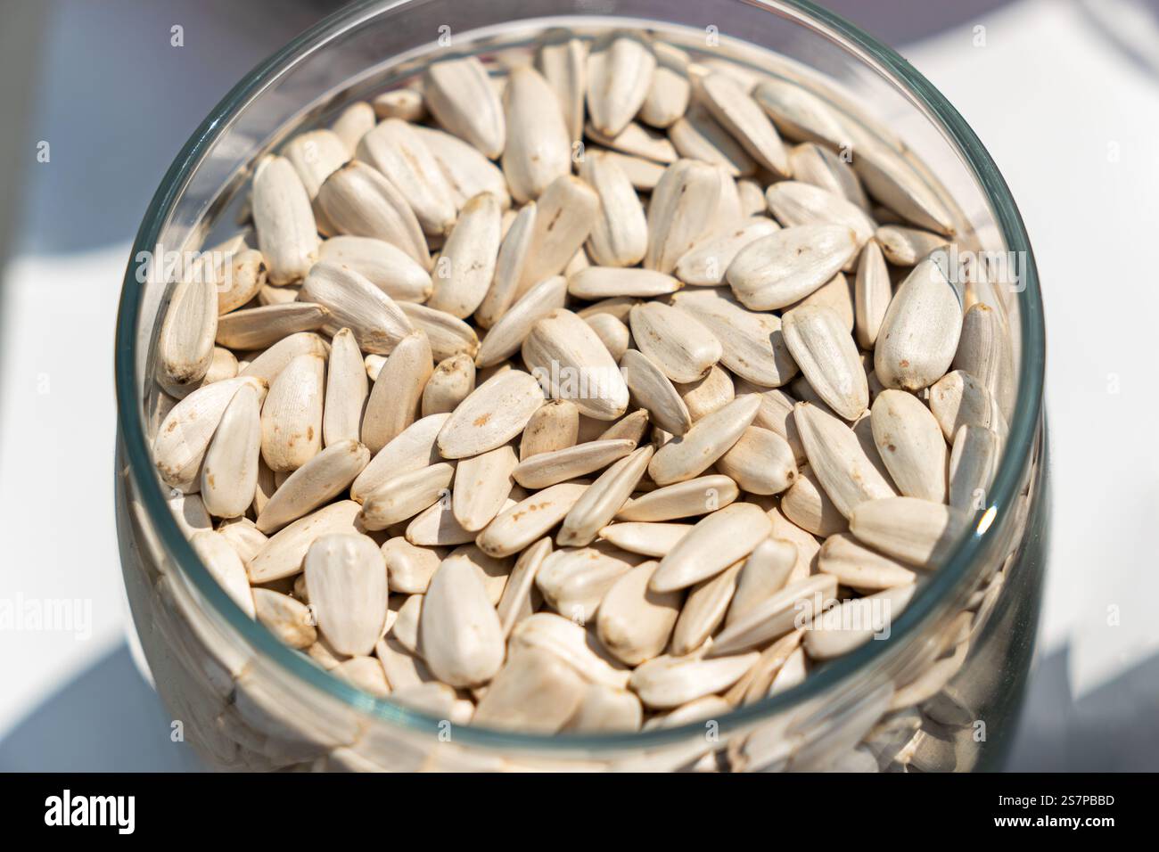 A close-up photo of sunflower seeds with their white shells on the ...