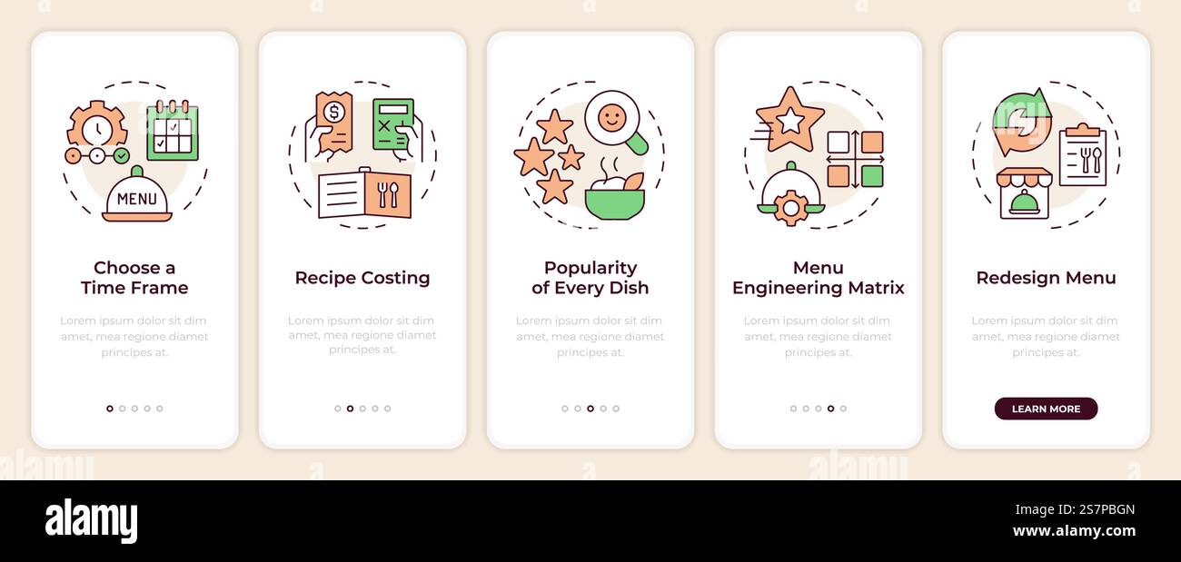 Steps of menu engineering onboarding mobile app screen Stock Vector Image & Art - Alamy