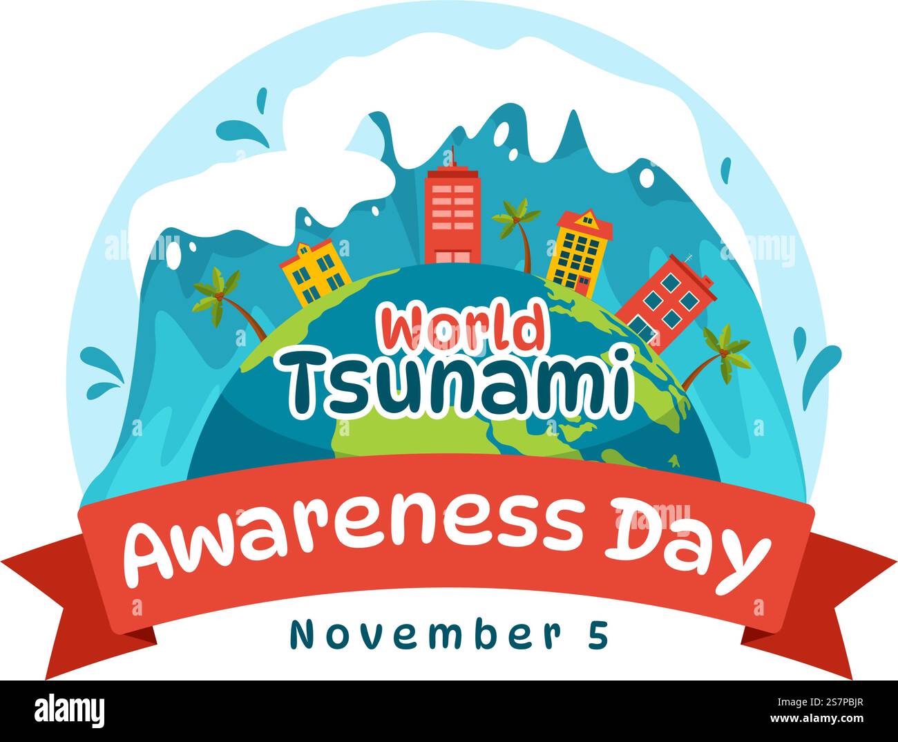 World Tsunami Awareness Day Vector Illustration on 5 November with Waves Hitting Houses and ...