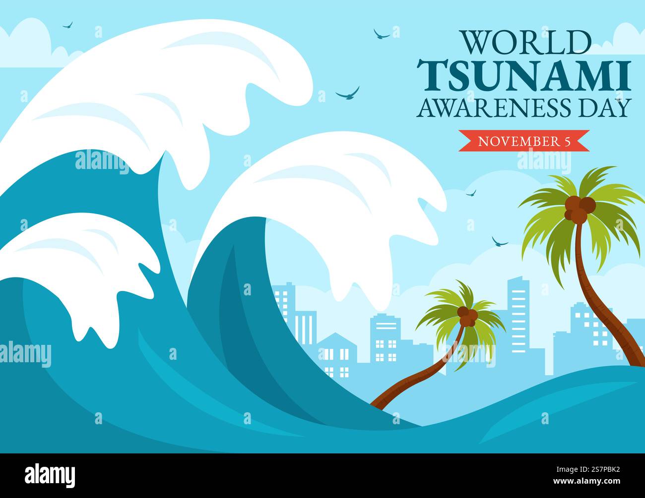 World Tsunami Awareness Day Vector Illustration on 5 November with Waves Hitting Houses and ...