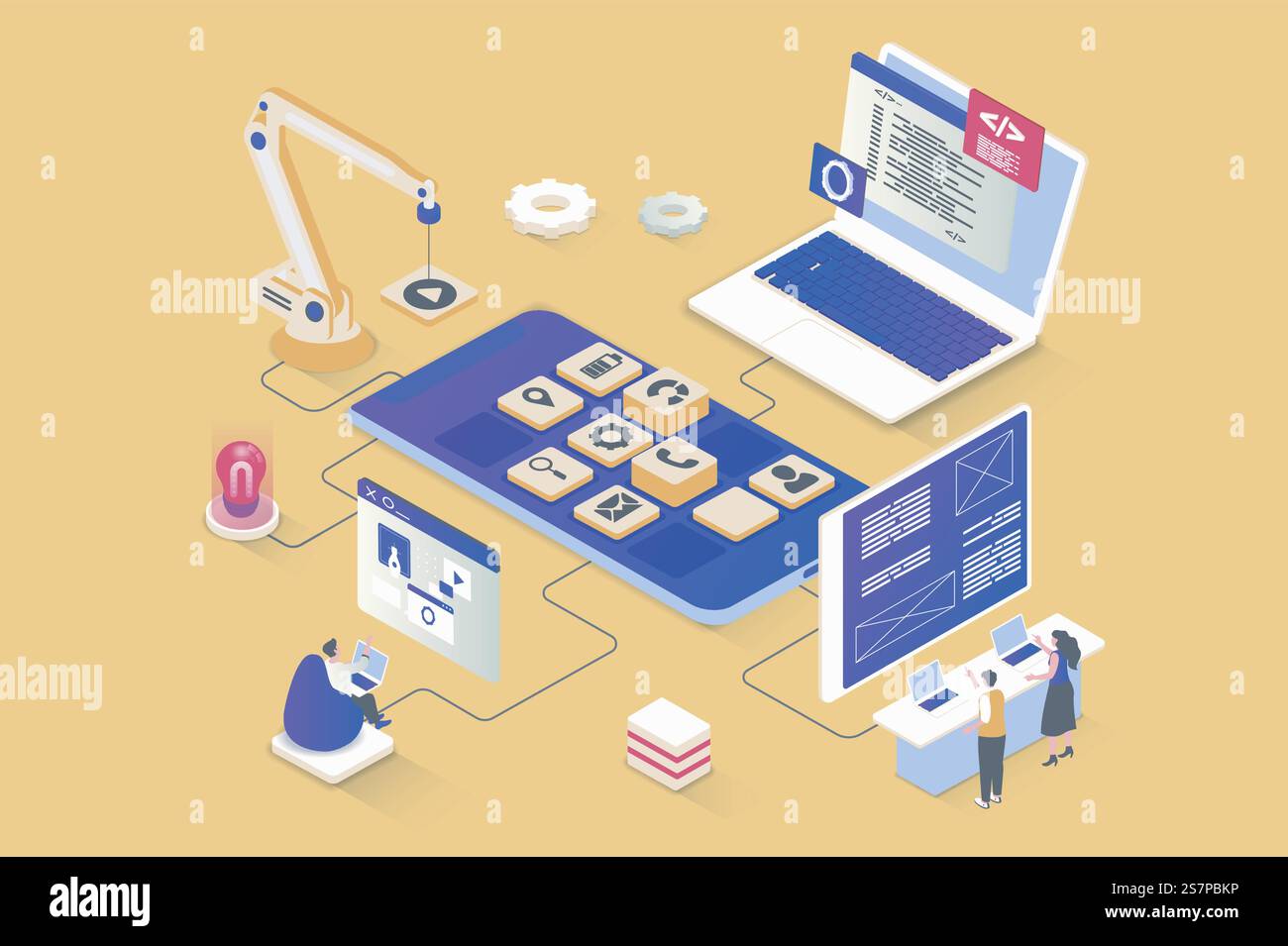 App development concept in 3d isometric design. UI UX layout developing ...