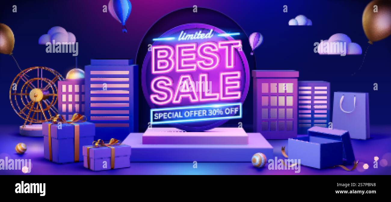 Online shopping concept in 3D illustration. Square podiums in cityscape ...