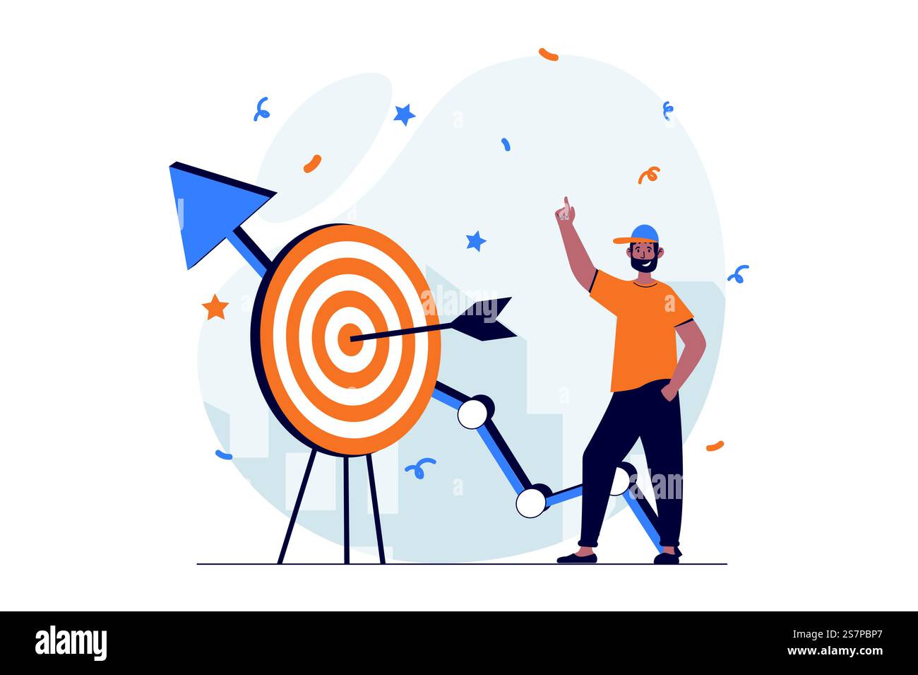 Business success web concept with character scene. Man hits target ...