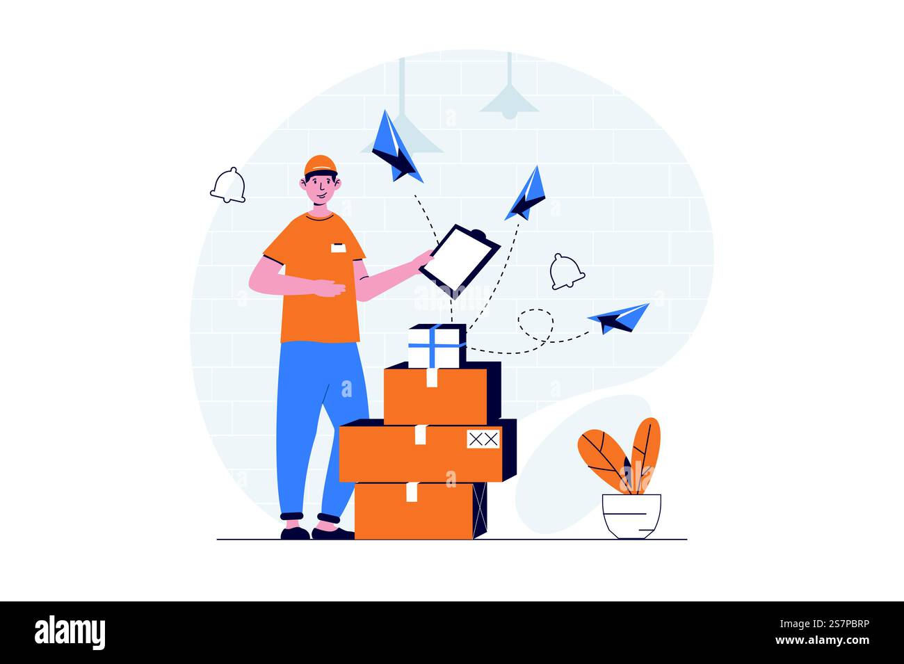 Delivery service web concept with character scene. Man delivering ...