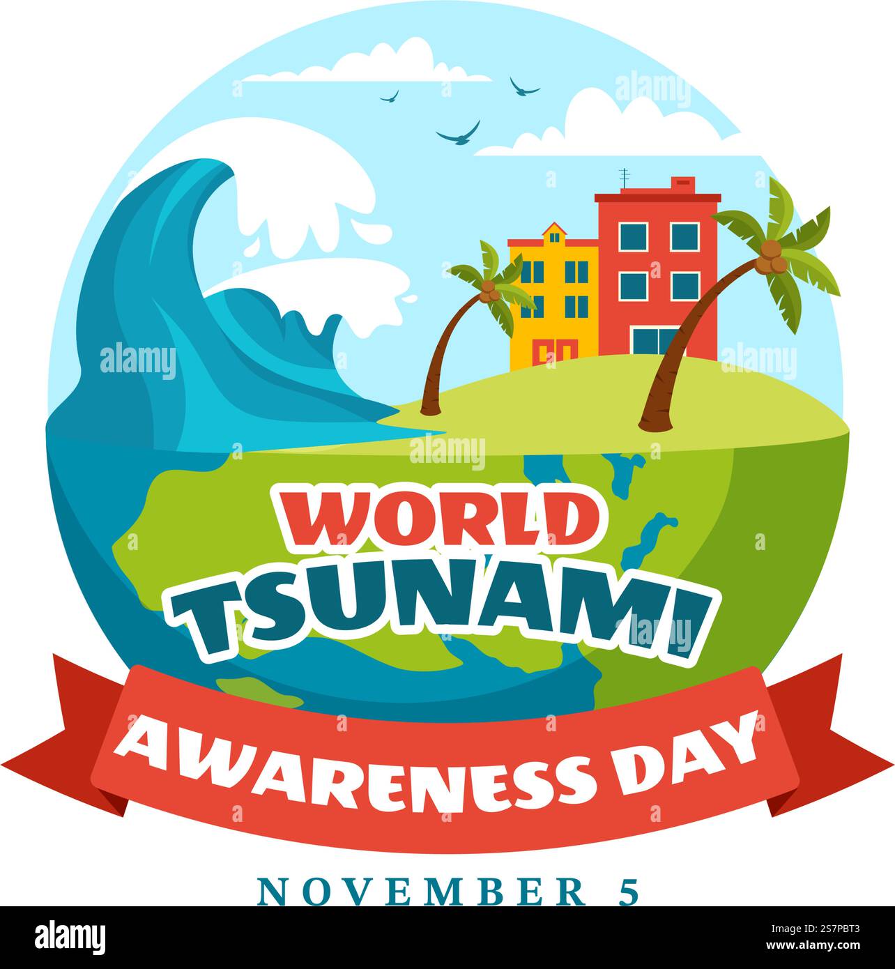 World Tsunami Awareness Day Vector Illustration on 5 November with Waves Hitting Houses and ...