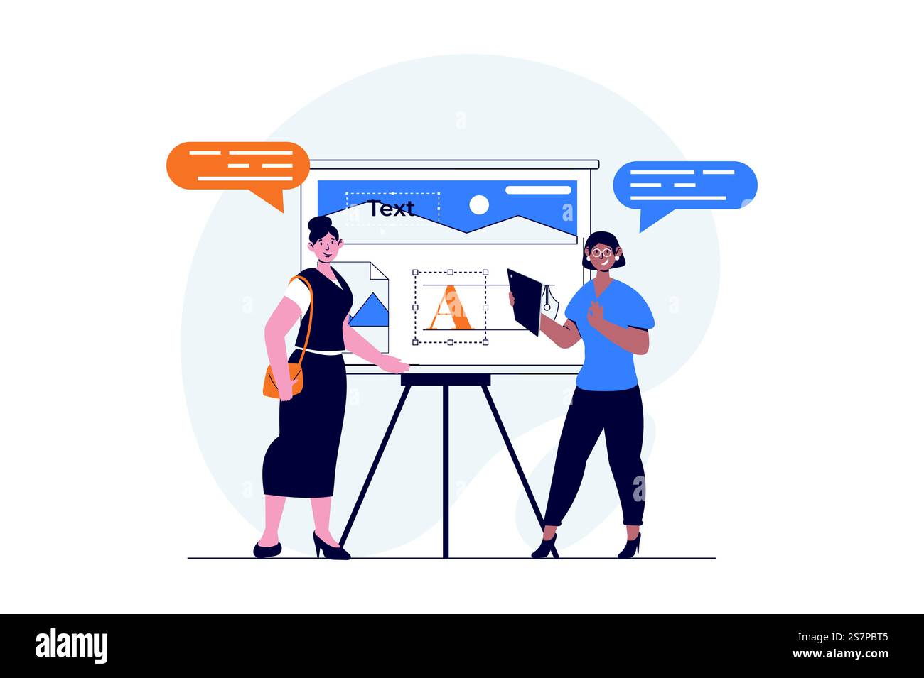 Designer studio web concept with character scene. Women creating ui elements and promotion ...