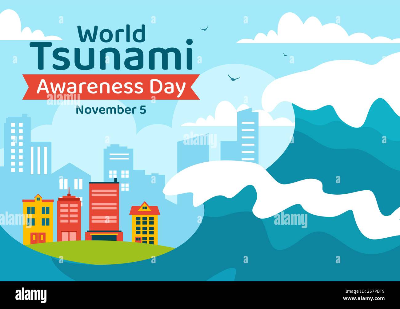 World Tsunami Awareness Day Vector Illustration on 5 November with Waves Hitting Houses and ...