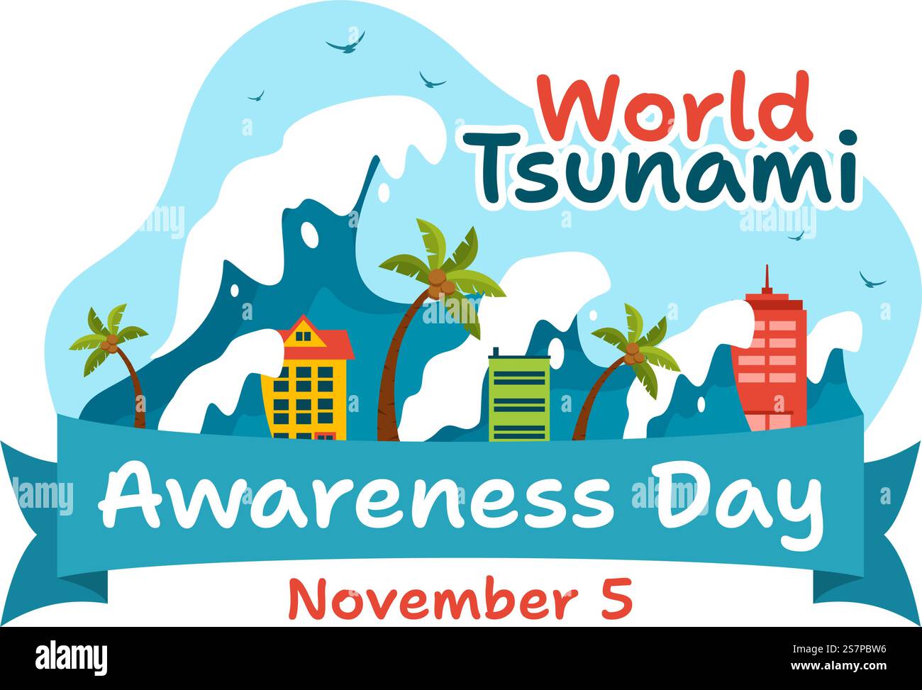 World Tsunami Awareness Day Vector Illustration on 5 November with Waves Hitting Houses and ...