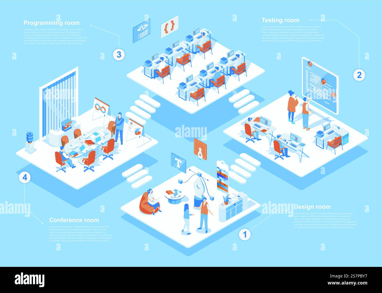 Development company concept 3d isometric web scene with infographic. People work at different ...