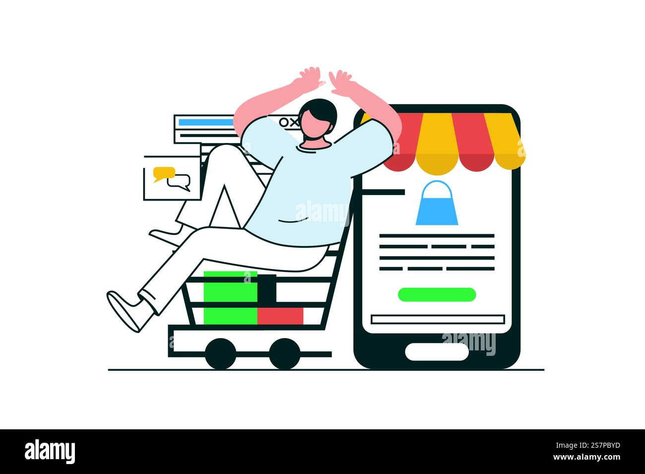 Mobile Commerce Outline Web Concept With Character Scene Man Making Online Purchases Ordering