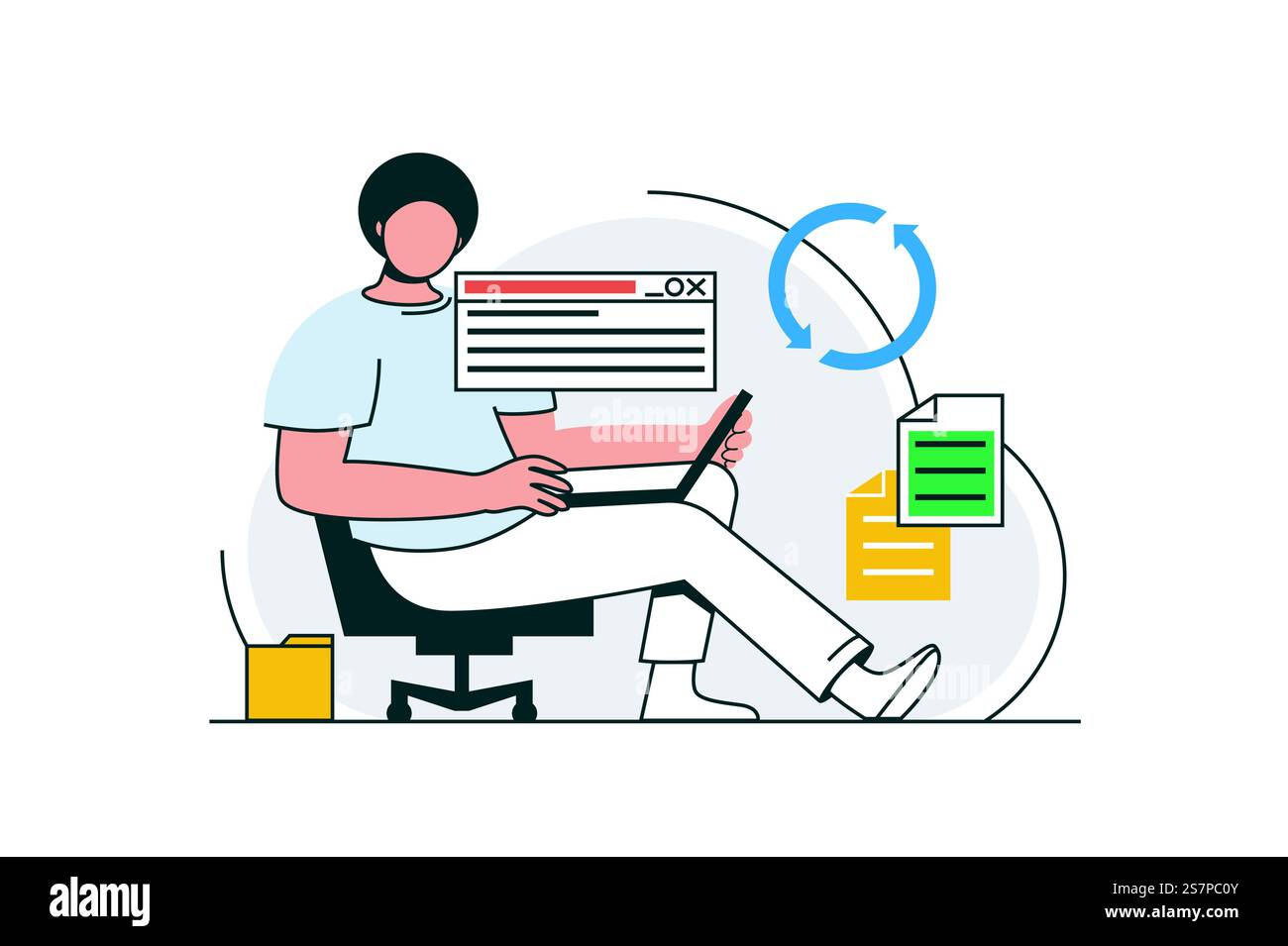 Cloud computing outline web concept with character scene. Man sync documents online, works in ...