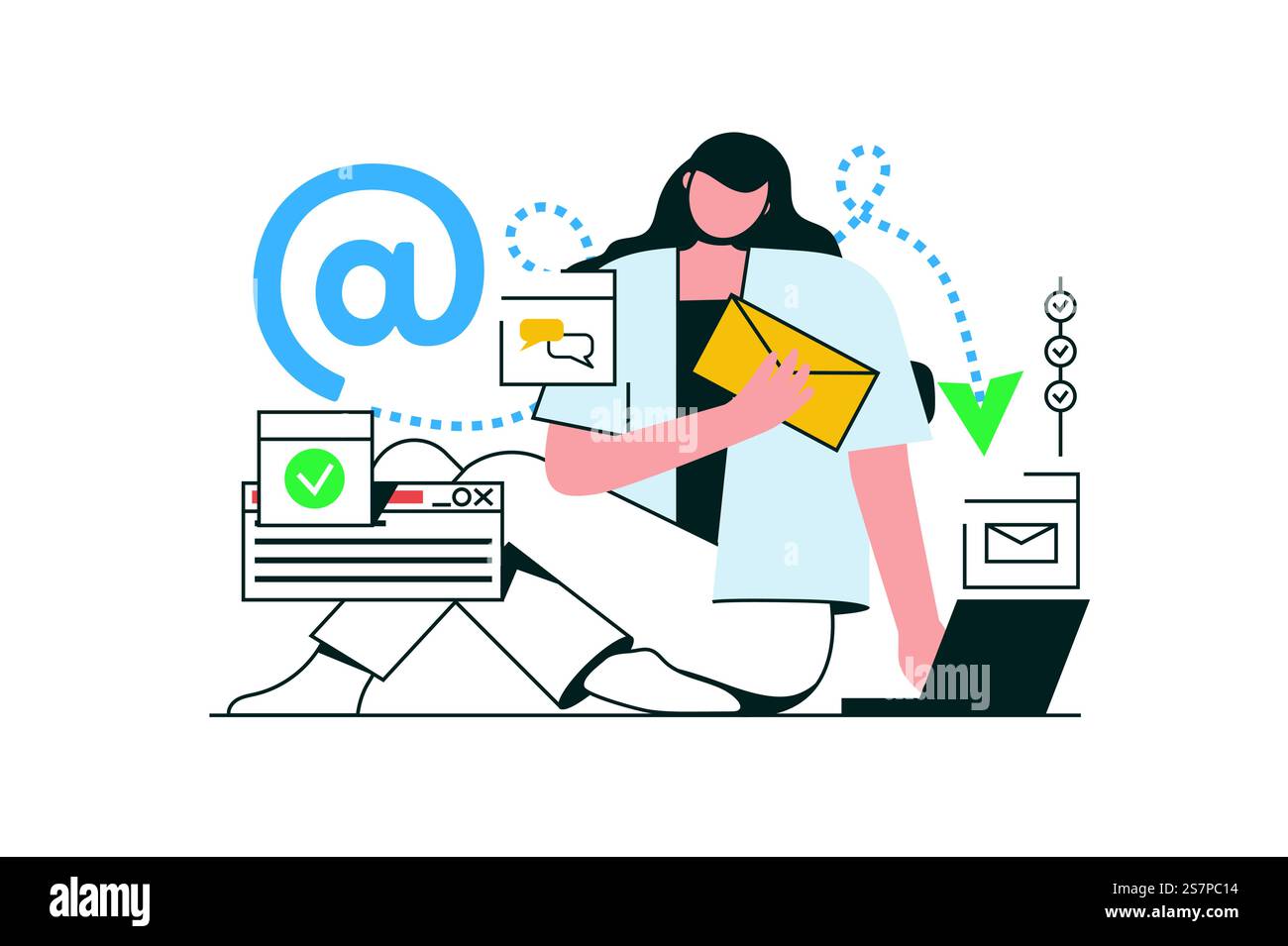 Email service outline web concept with character scene. Woman sending ...