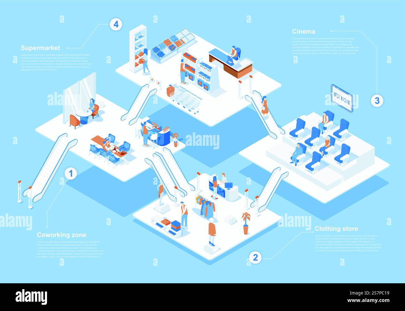 Shopping mall concept 3d isometric web scene with infographic. People buying at supermarket and ...