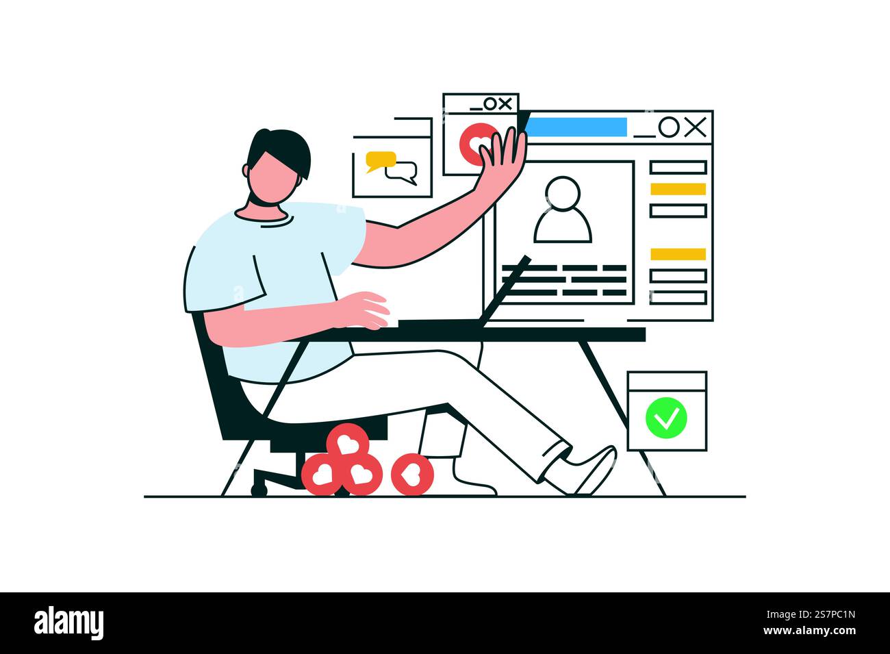 Social network outline web concept with character scene. Man browsing, likes photos in blog ...