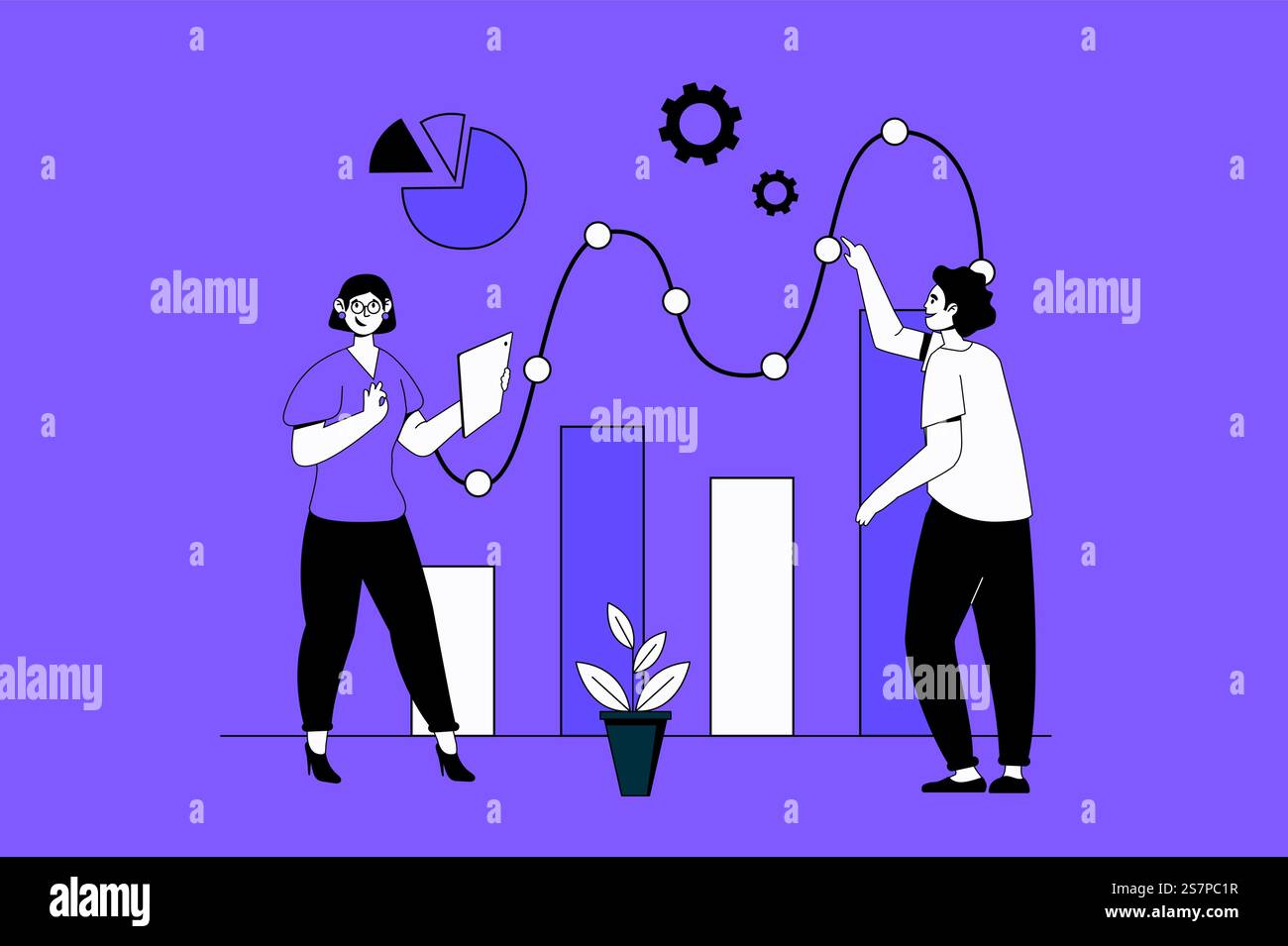 Line graph web concept with character scene in flat design. People working with charts, making ...