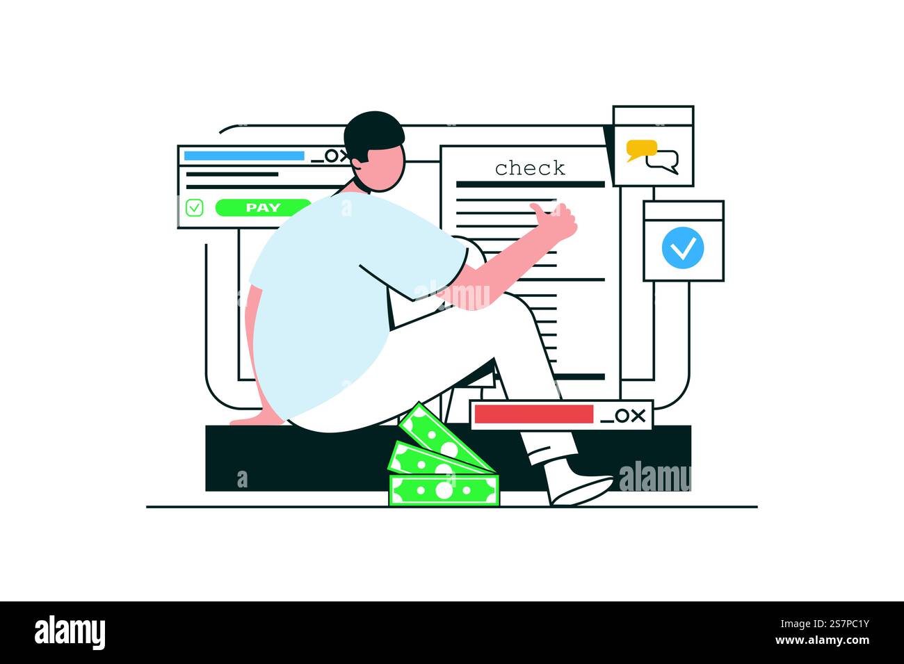 Online payment outline web concept with character scene. Man receives digital check and makes ...