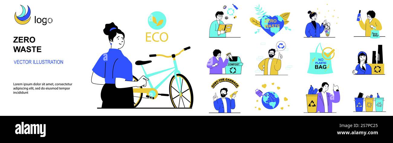 Zero waste concept with character situations collection. Bundle of ...