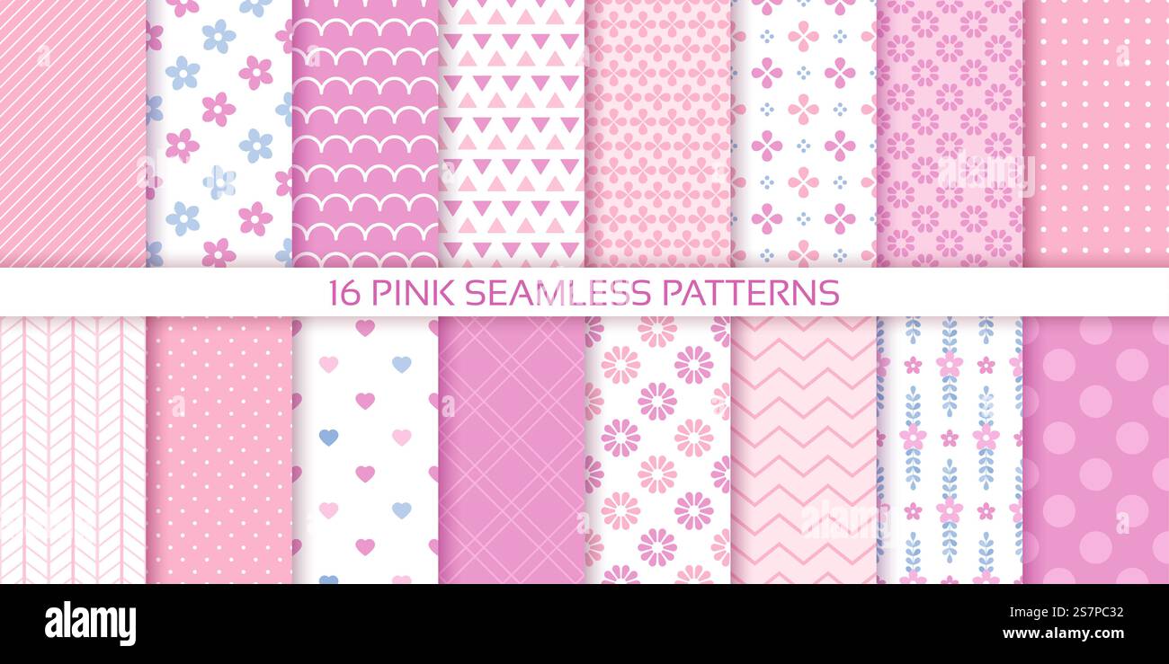 Girly background. Pink seamless pattern. Set scrapbook textures. Baby ...