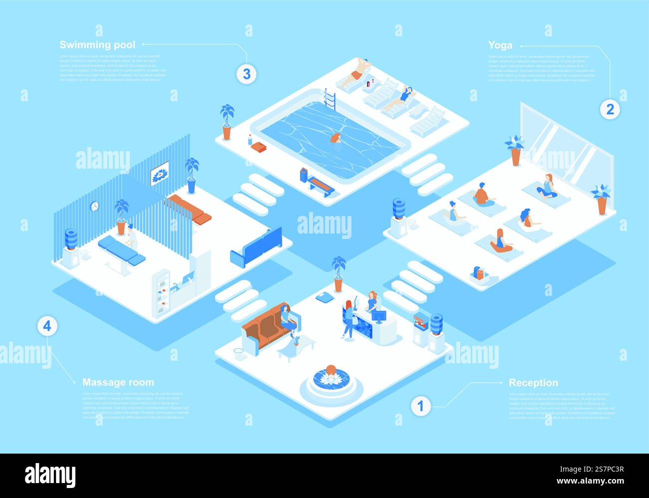 Wellness center concept 3d isometric web scene with infographic. People waiting at reception ...