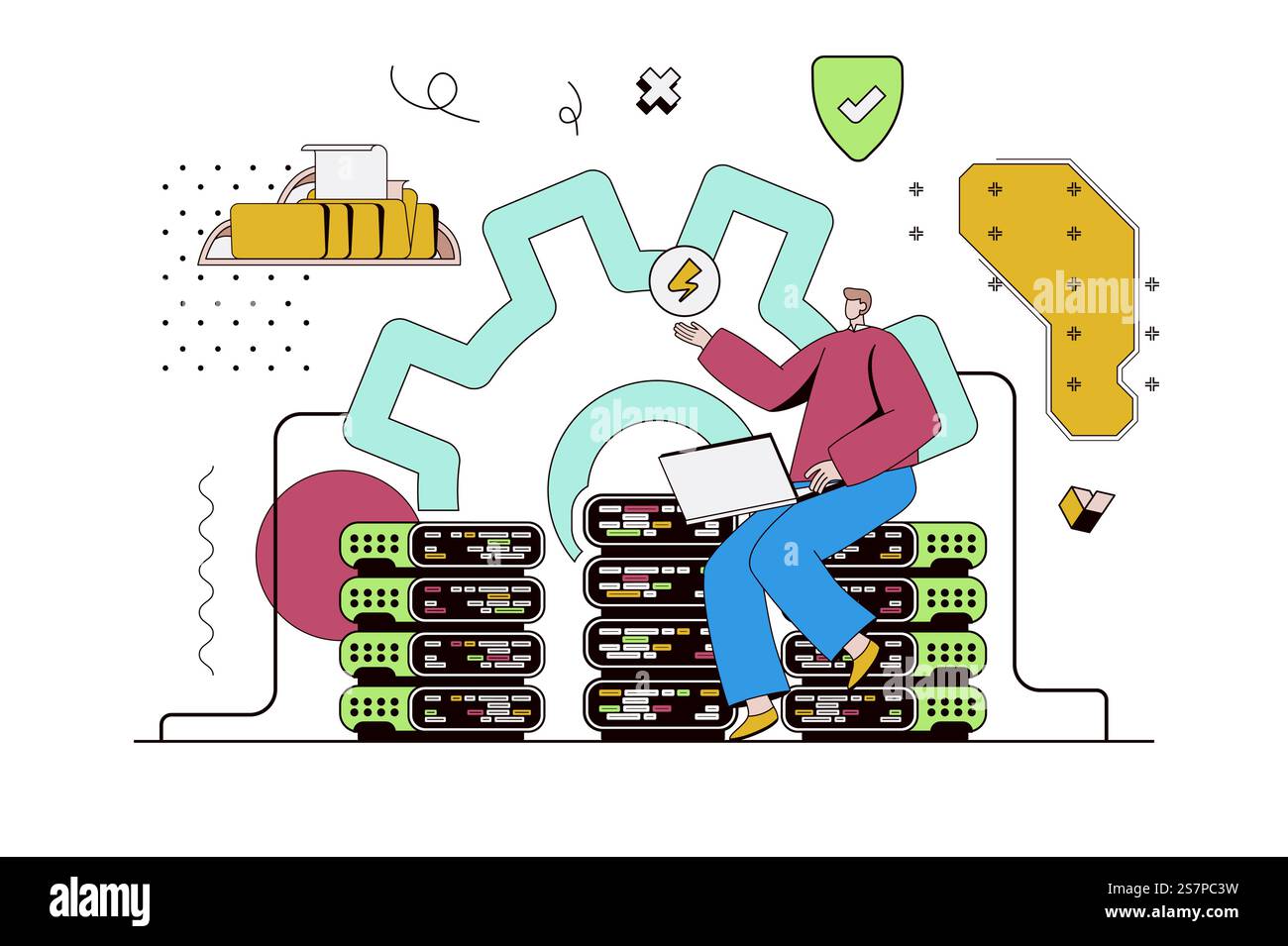 Data center concept with character situation in flat design. Man works ...
