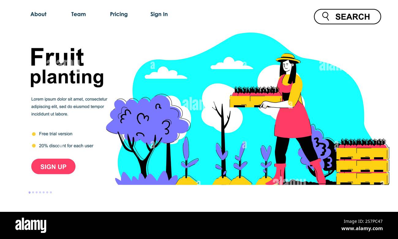 Fruit planting concept for landing page template. Woman farmer holding ...