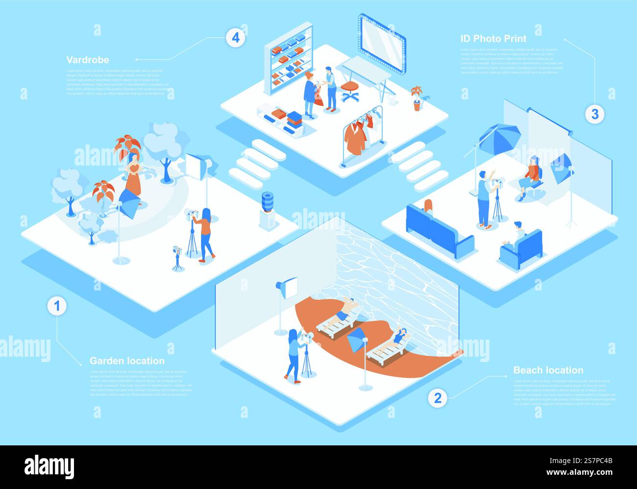 Photo studio concept 3d isometric web scene with infographic. People take pictures in garden or ...