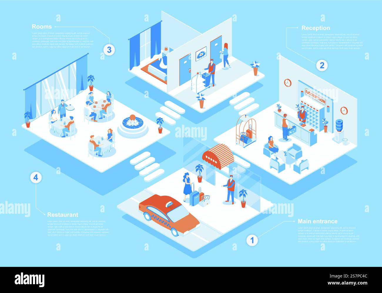 Hotel concept 3d isometric web scene with infographic. People at main ...