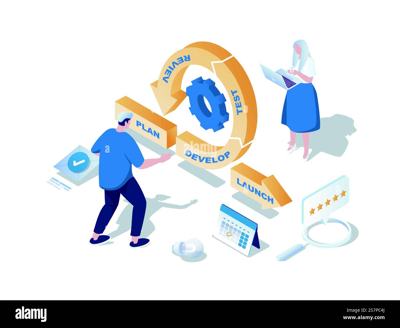Agile development concept 3d isometric web scene. People working with process of plan, develop ...