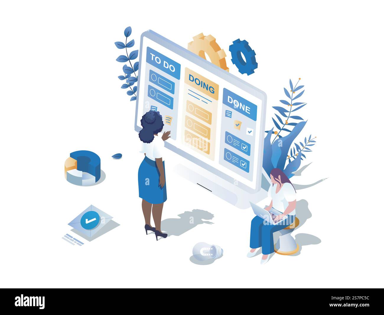 Kanban system concept 3d isometric web scene. People using colorful ...