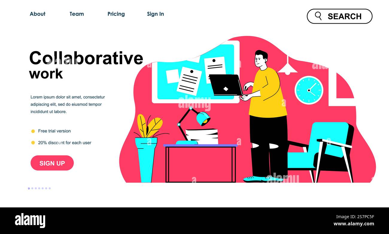 Collaborative work concept for landing page template. Employee works ...