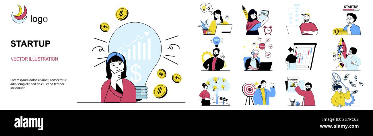 Startup concept with character situations collection. Bundle of scenes people generate ideas for ...