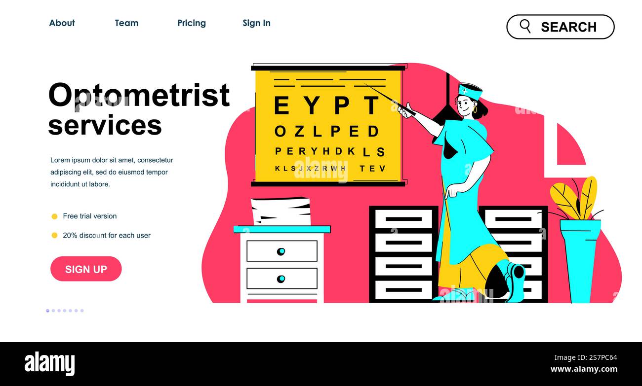 Optometrist services concept for landing page template. Doctor checks ...