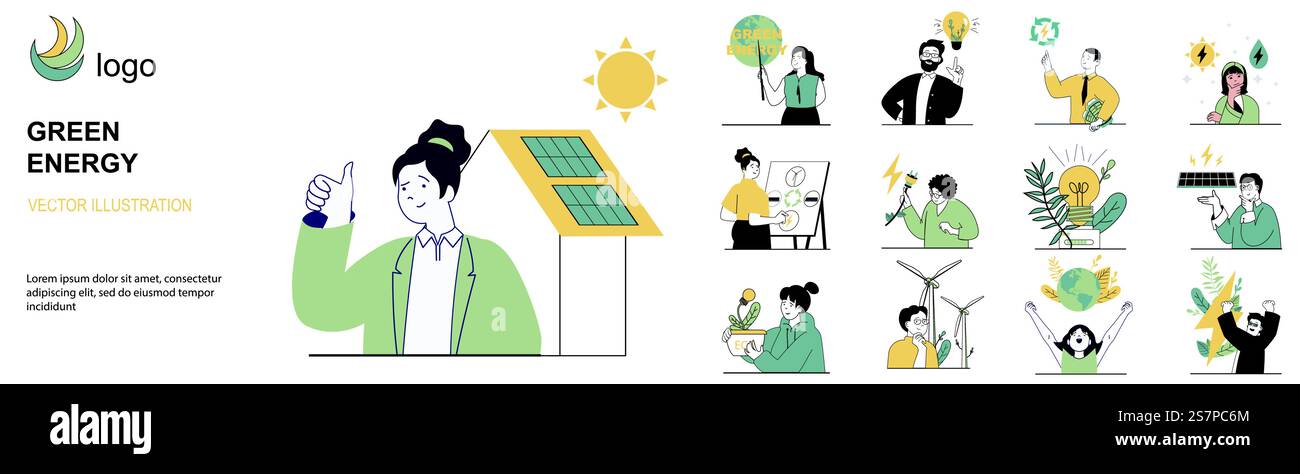 Green energy concept with character situations collection. Bundle of ...