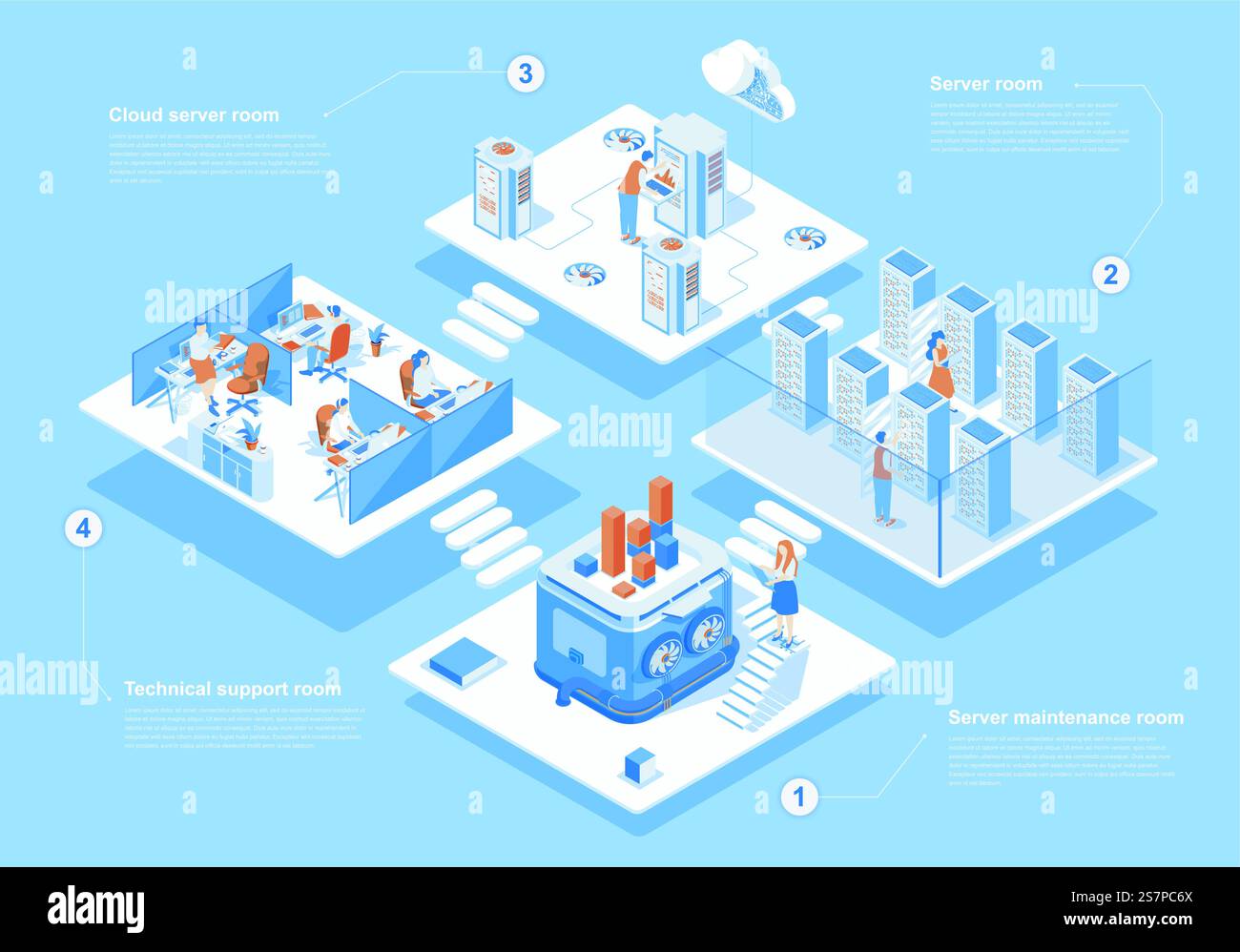 Data center concept 3d isometric web scene with infographic. People work in server maintenance ...