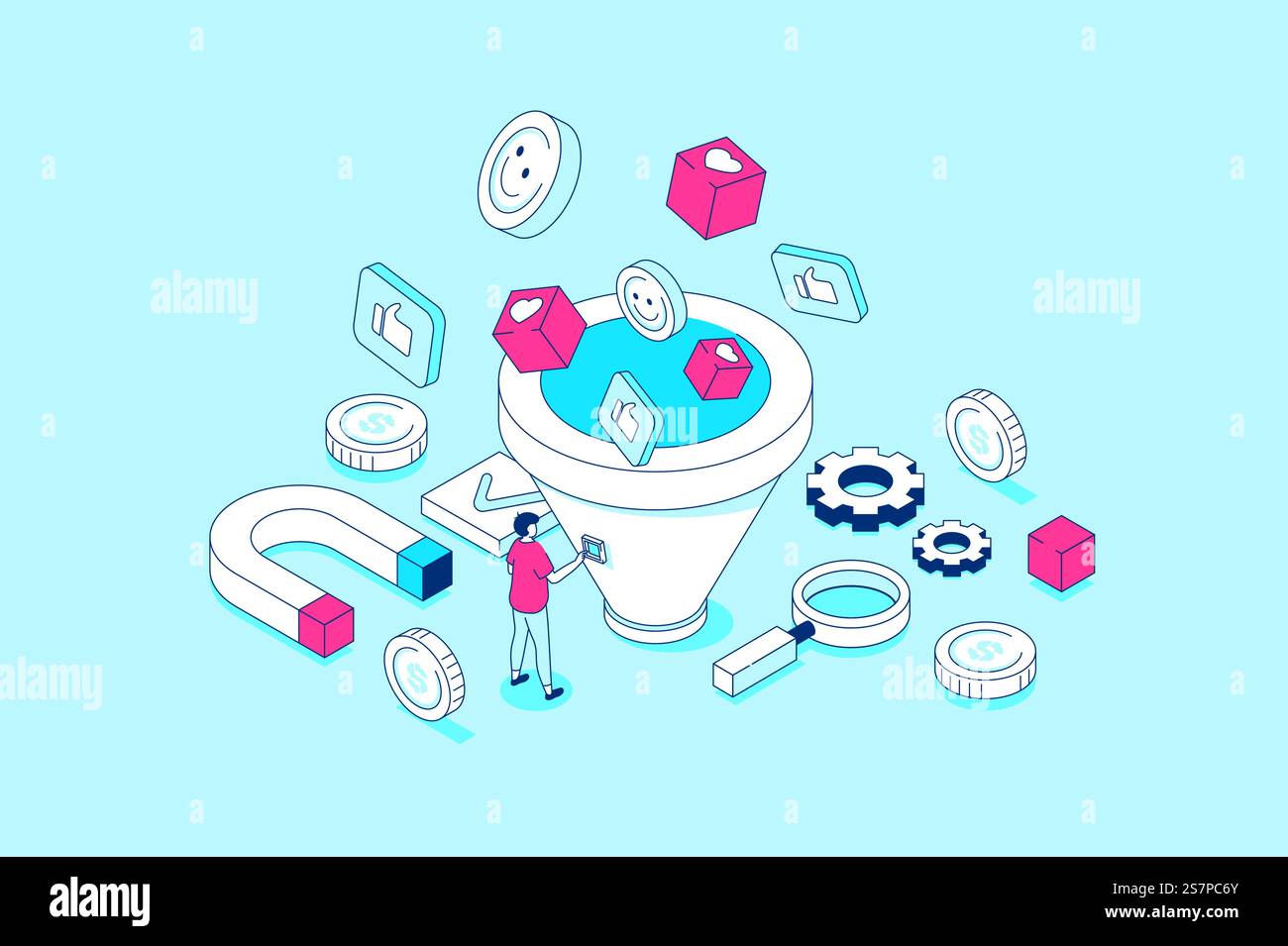 Social media funnel concept in 3d isometric design. People attracting ...