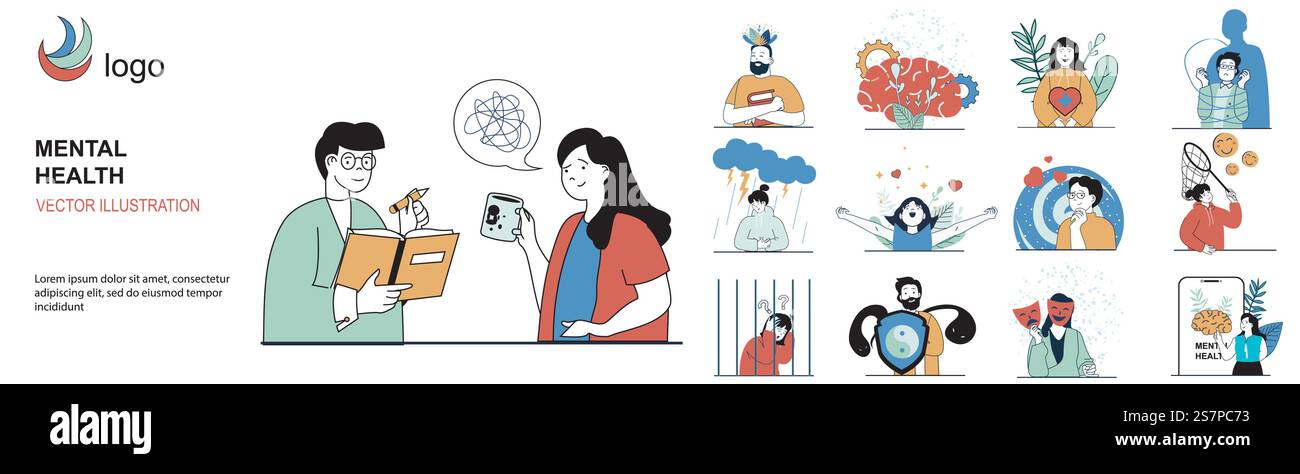 Mental health concept with character situations collection. Bundle of ...